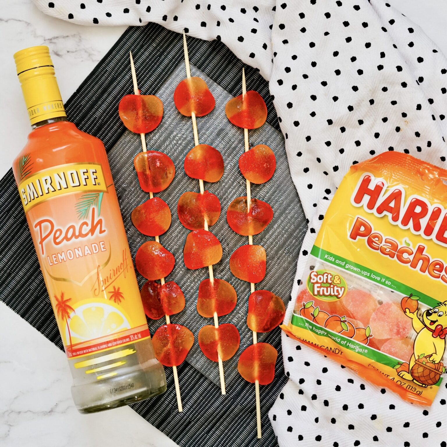 Vodka Soaked Peach Gummy Skewers - Cocktails and Appetizers